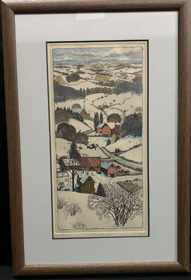 【目立った傷や汚れなし】【真作】 スーザン ハント ウォルコッツ 銅版画 手彩色 直筆サイン winter in the country ...