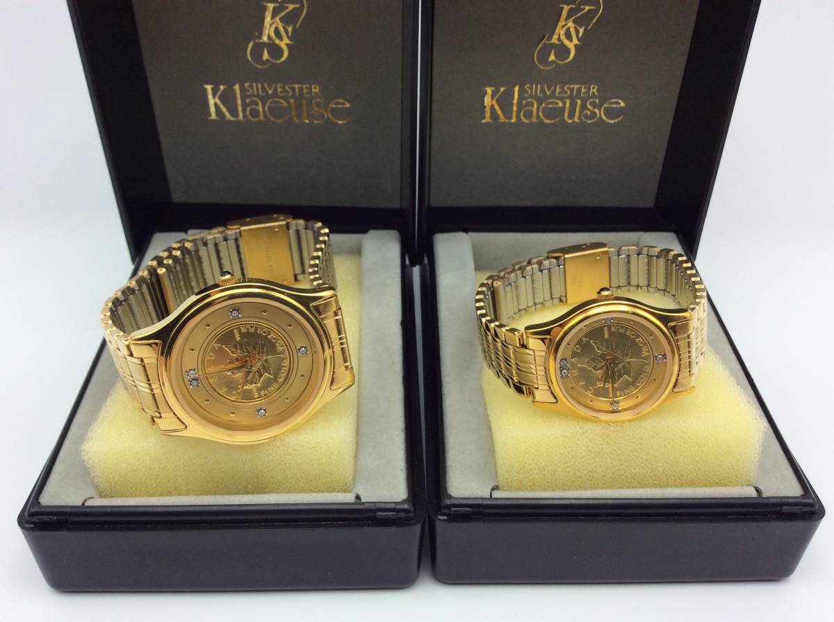 【未使用に近い】EE56＃ 腕時計 QZ 不動 ELGIN エルジン ペアウォッチ MAPLE LEAF COIN 金貨 FINE GOLD 9999 SK-147-C SK-148-C ...