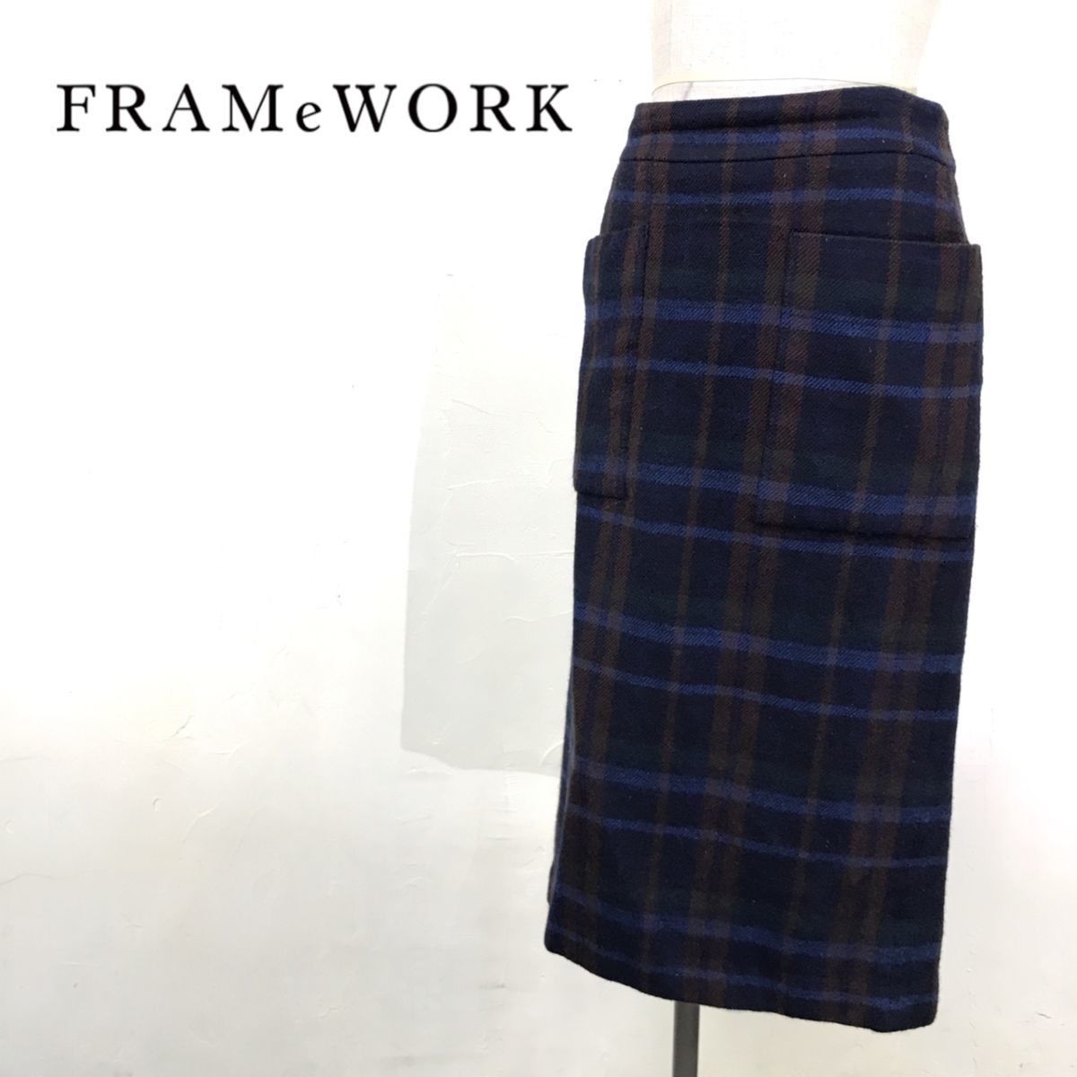 【目立った傷や汚れなし】K873-O-N 良品 FRAMeWORK フレームワーク タイトスカート size38 ネイビー 紺色 チェック ...