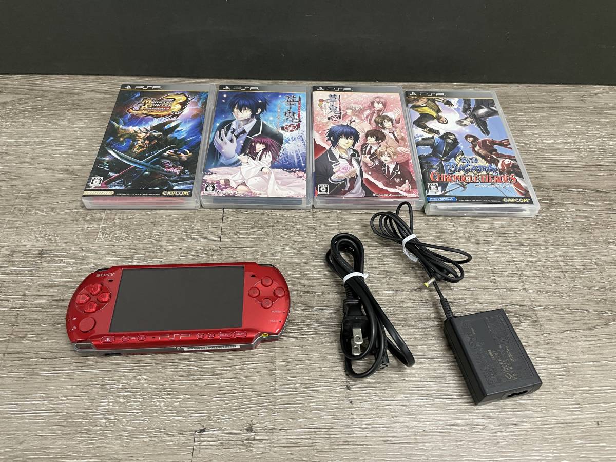 【目立った傷や汚れなし】☆ PSP ☆ プレイステーション ポータブル PSP-3000 ラディアント・レッド 動作品 状態良好 AC ...