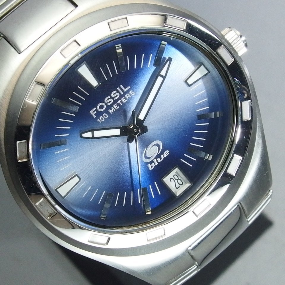 【やや傷や汚れあり】【電池交換済 訳あり】FOSSIL フォッシル BLUE ブルー AM-3702 QZ ブルーダイアル SS デイト 保証 ...