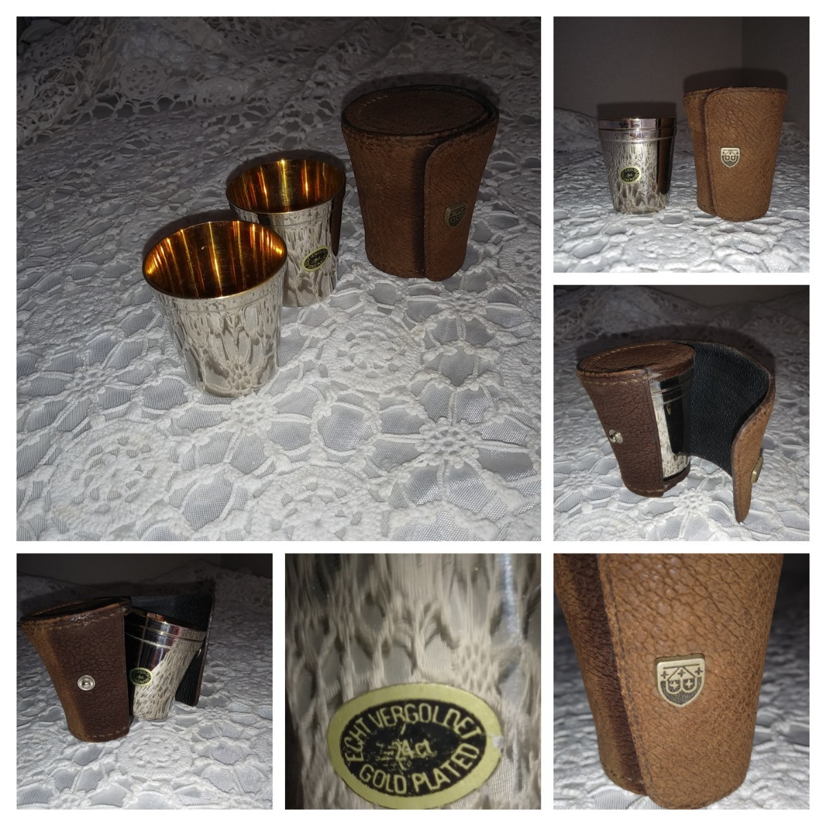 【未使用】酒器 24ct古いGUCCIに使用ECHT PRYM社24金24k使用40gスタッキングペアショットグラス2客コップ本革ケース ...