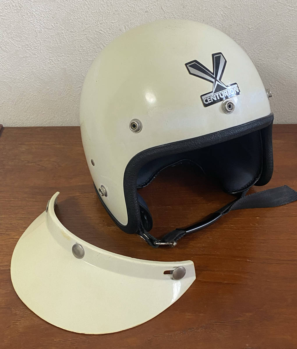 【傷や汚れあり】1974年製 CENTURION ジェットヘルメット 英国 センチュリオン M ビンテージ オフホワイト 純正バイザー ...