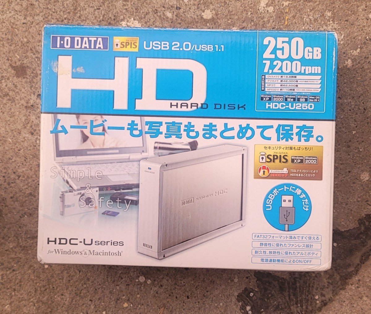 【未使用】I-O DATA アイ・オー・データ機器 USB2.0 USB1.1 HD ハードディスク 250GB 7,200rpm HDC-U250 Windows&Macintosh HDC ...