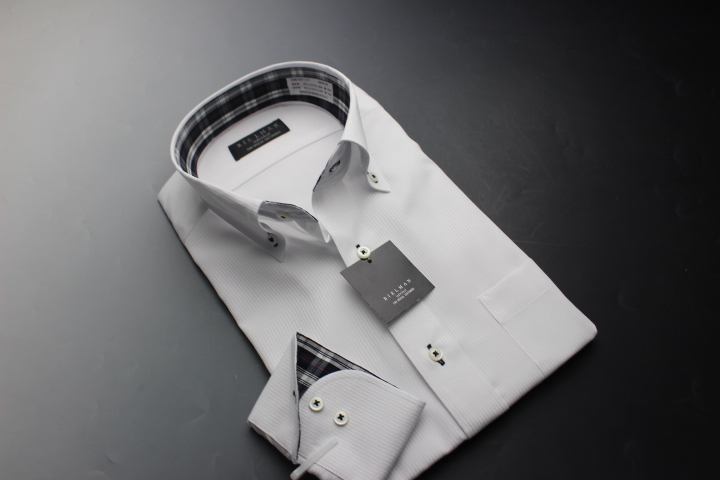 【未使用】送料185円【新品】BIELMAN(山喜) デザインBBワイシャツ長袖 スリム 形態安定 L(41-84) 白ドビー/ストライプ柄 ...