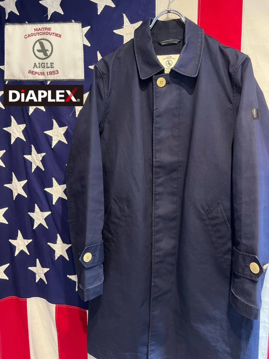 【傷や汚れあり】★AIGLE★エーグル★DIAPLEX★ディアプレックス★全天候型★ステンカラーコート★レインコート★アウター★ネイビー★紺★ ...