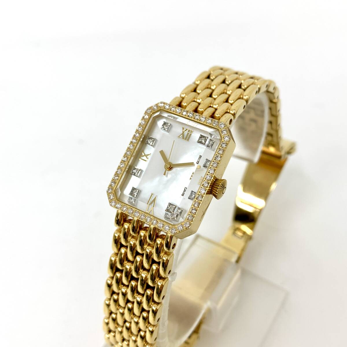 【目立った傷や汚れなし】Z0642〇 1円～ Lunage ルナージュ AD-027 ダイヤベゼル 0.60ct 刻印 GP QZ ホワイトシェル文字盤 レディース 腕時計 稼働 動作確認済の ...