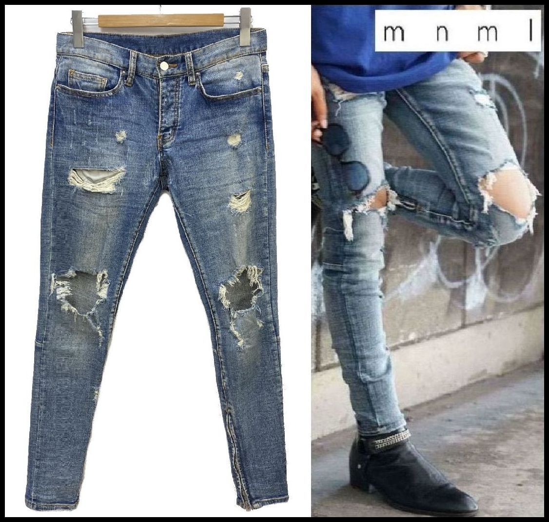 mnml ミニマル M1 STRETCH DENIM USED ウォッシュ ダメージ クラッシュ 加工 裾ジップ ストレッチ スキニー スリム デニム パンツ 29 FOG の落札情報詳細 ...