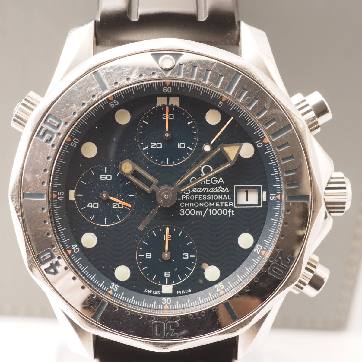 【傷や汚れあり】オメガ シーマスタープロフェッショナルクロノ300m Ref,168.1502 Cal,1109 OMEGA Seamasterデイト 自動巻 紺 男性腕時計+元箱 ...