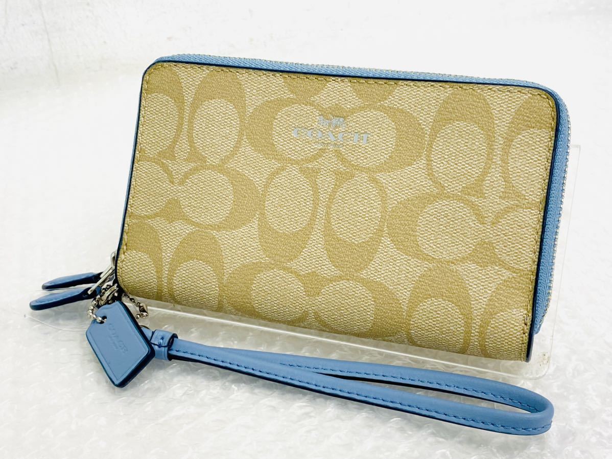 【未使用に近い】♪I コーチ COACH 財布 小銭入 ウォレット ポーチ 53937 リストレット 水色 シグネチャー 長財布の落札情報詳細 ...