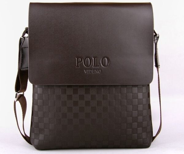 【未使用】【限定特価】 POLO VIDENG 新品 メンズ ショルダーバッグ ブラウン茶 高級PUレザー 市松模様 チェック柄 大人気 ...