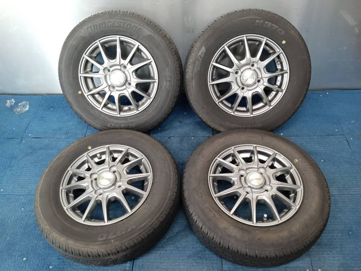 【やや傷や汚れあり】★8-8.5分山★21年製★ ブリヂストンK370 145/80R12 80/78N LT 社外ホイール 12×4J +42 4H-100 4本セット 軽トラ・軽バン等 ...