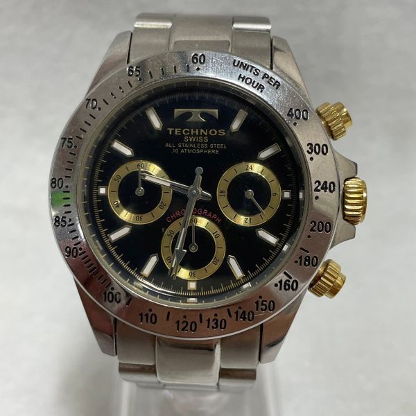 【傷や汚れあり】D112-S2 TECHNOS テクノス TGM615 CHRONOGRAPH クロノグラフ quartz クォーツ ラウンド ブラック文字盤 メンズ 腕時計 1516852の ...