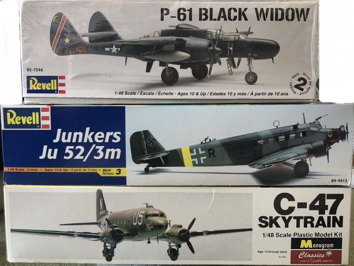 【未使用】レベル 1/48 P-61 ブラックウィドウ／レベル 1/48 ユンカース Ju 52/3m／モノグラム 1/48 C-47 スカイ ...