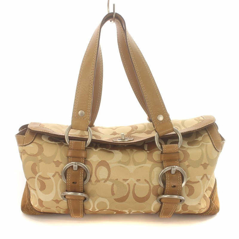 【やや傷や汚れあり】コーチ COACH ハンドバッグ ショルダーバッグ シグネチャー キャンバス レザー ターンロック 茶 ブラウン ...
