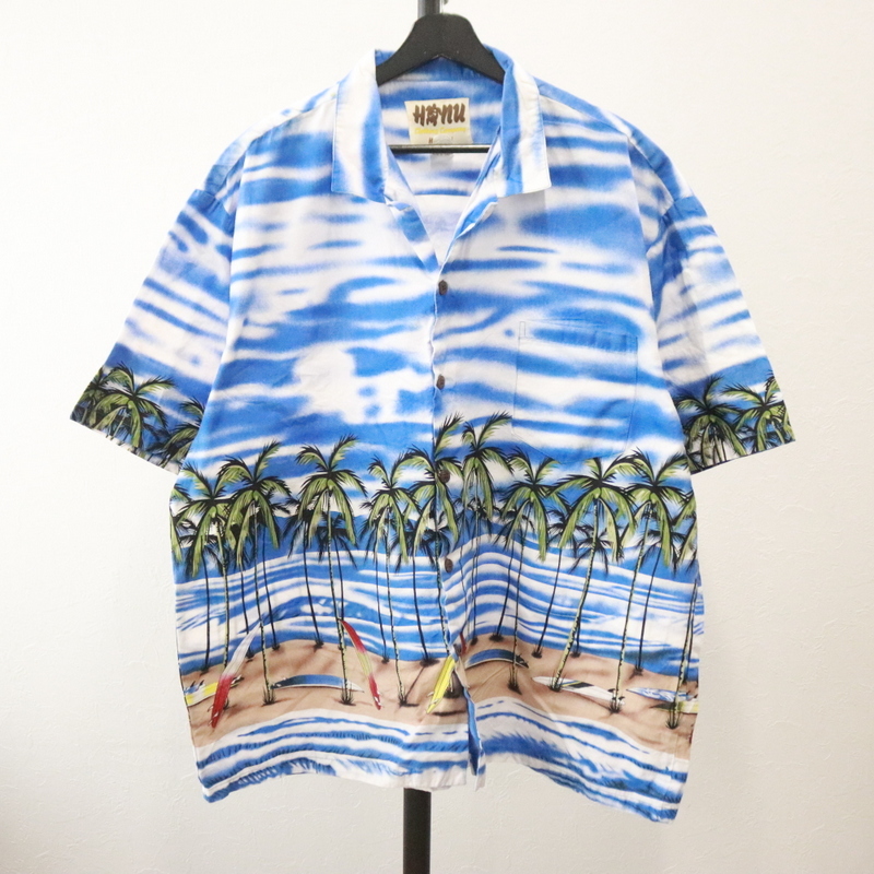 【やや傷や汚れあり】I659 90sビンテージ HONU 半袖シャツ 1990年代製 表記2XLサイズ ブルー 青 オープンカラー コットン ...