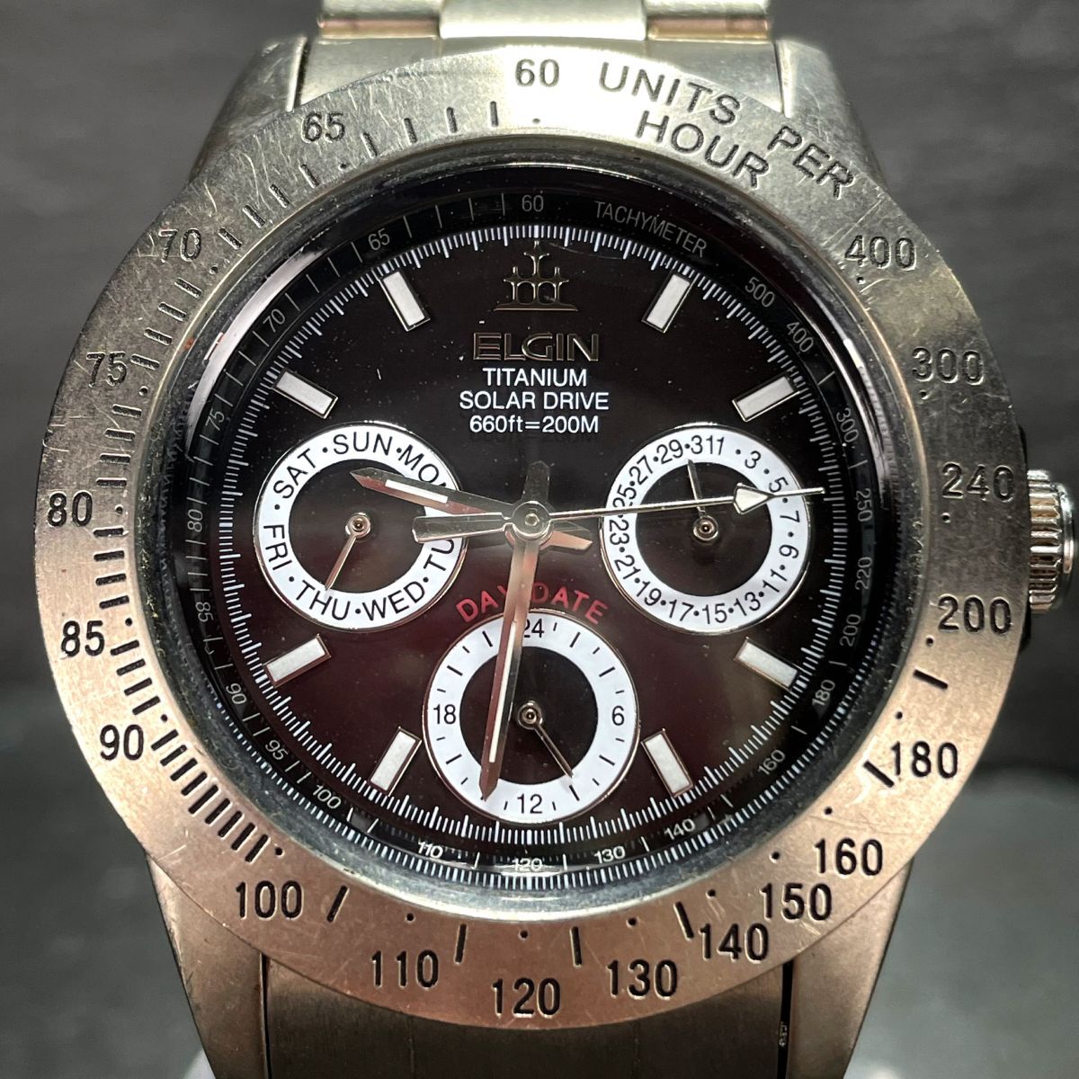 【目立った傷や汚れなし】美品 ELGIN エルジン FK-1169-C 腕時計 アナログ ソーラー カレンダー チタニウム ブラック文字盤 ...