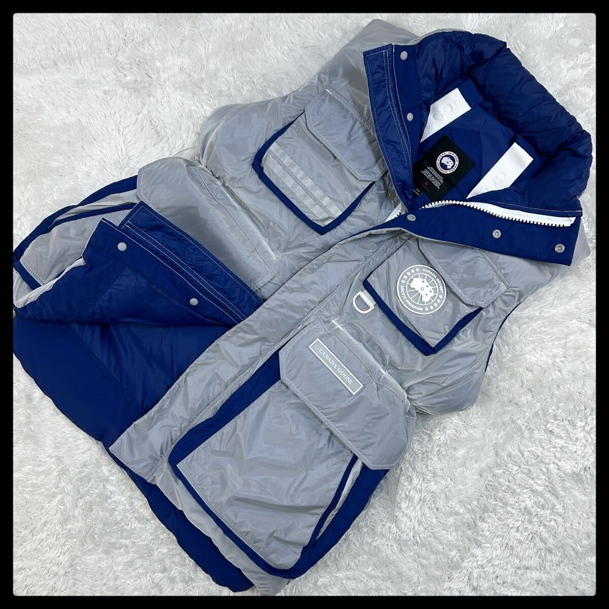 【目立った傷や汚れなし】カナダグース『唯一無二』CANADA GOOSE X-RAY ダウンベスト M ダウン ロゴワッペン ホワイト ブルー ...