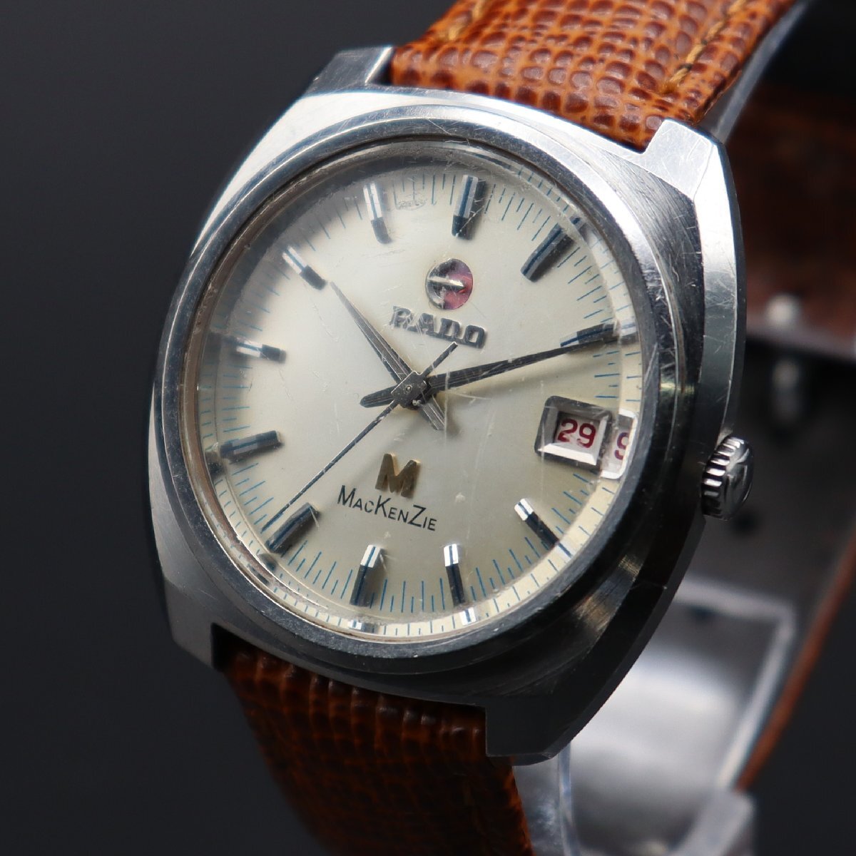 【やや傷や汚れあり】RADO MACKENZIE ラドー マッケンジー 自動巻き シルバーカラー スイス製 赤赤デイト 3針 新品革ベルト ...