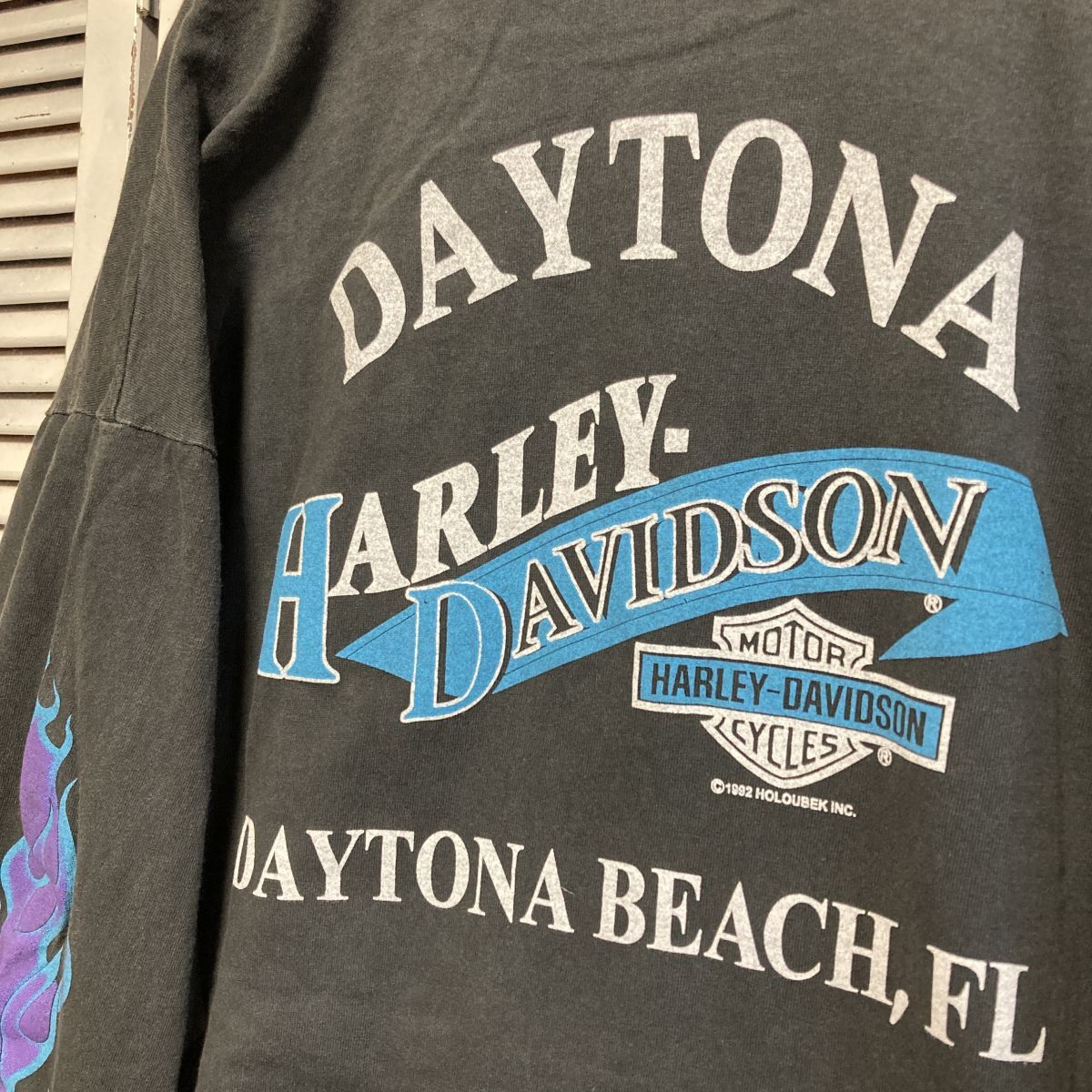 【目立った傷や汚れなし】BBVF 1スタ 黒 ハーレー Tシャツ 長袖 ロンT 青 ダビッドソン HARLEY DAVIDSON ファイア 90s 00s ビンテージ アメリカ 古着 ベール ...