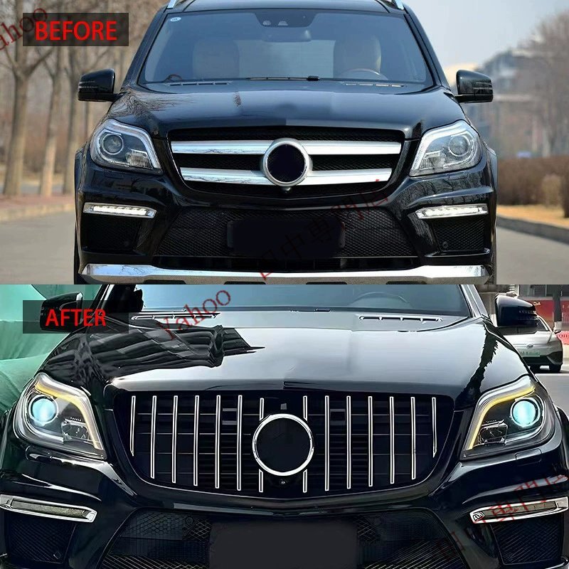 【未使用】高級感 カスタム け メルセデス・ベンツ GL X166 GTスタイル フロントグリル 交換用 ABS製 全黒／シルバー縦ストライプ ...