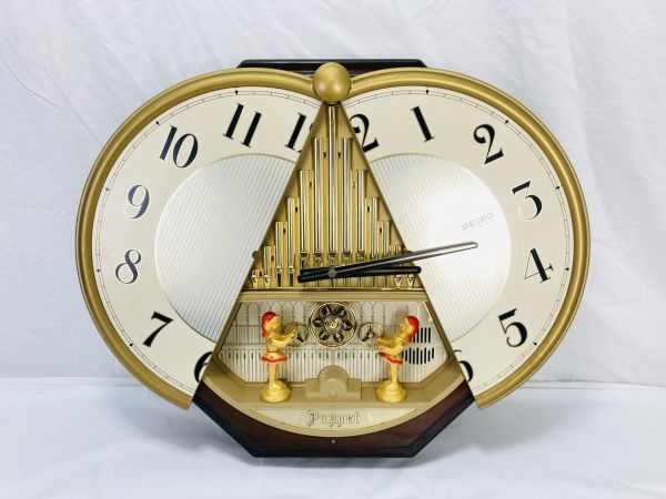 【やや傷や汚れあり】レア SEIKO Puppet パペット RE543B 木枠 からくり 掛け時計 未使用保管品 メロディ 扉開閉 レトロ ...