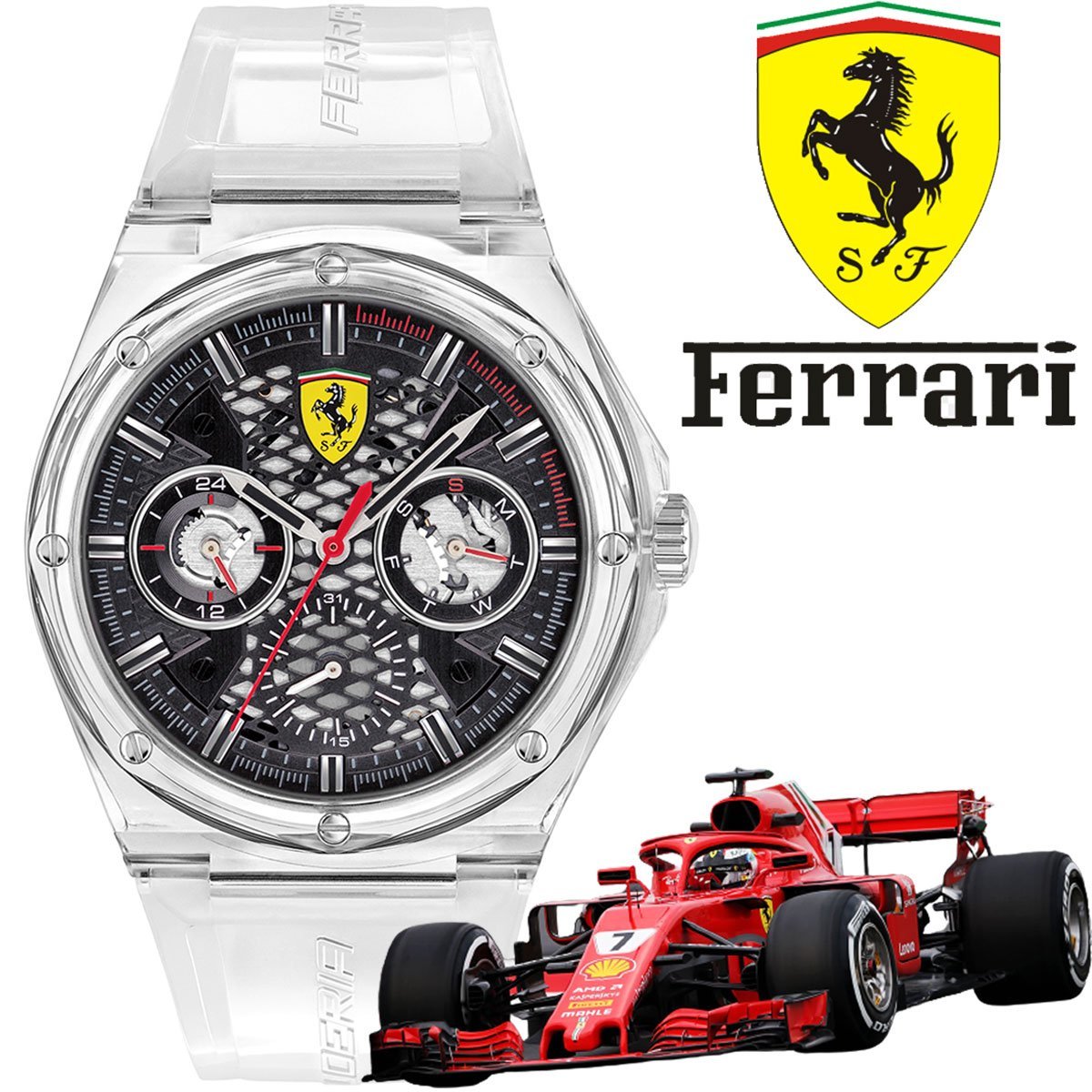 【未使用】新品1円×2本 公式フェラーリ腕時計 透明クリアスケルトン 30m防水 スクーデリア SCUDELIA FERRARI マルチ ...