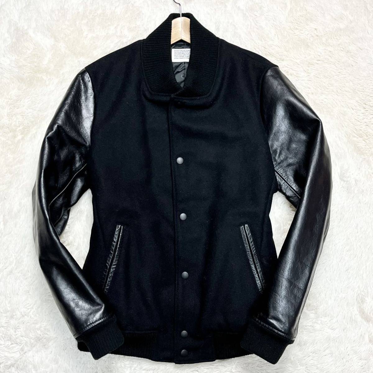 【目立った傷や汚れなし】即完売！美品 AZ by junhashimotoエーゼイバイジュンハシモトxナノユニバースNANO UNIVERSE 別注コラボ メルトンウール袖革スタジャン 黒/M ...