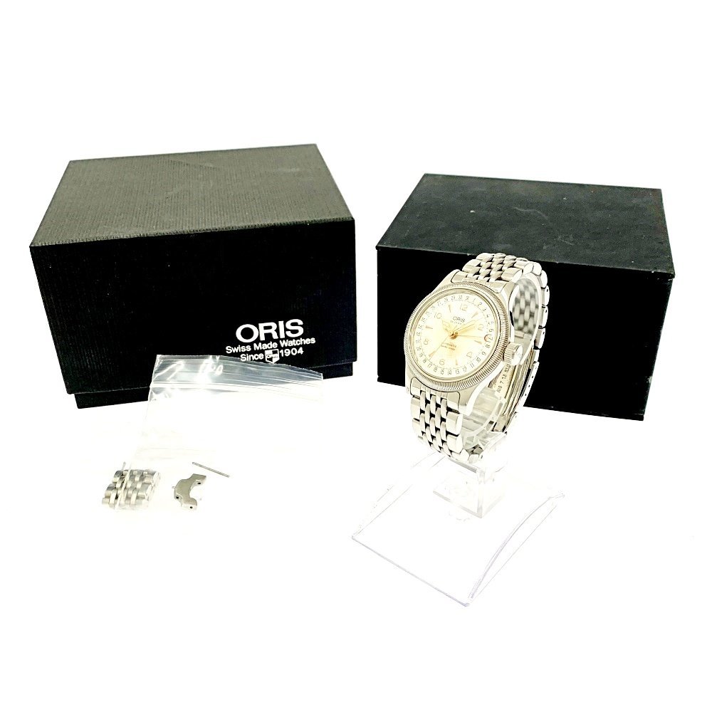 【中古】オリス 7482B ビッククラウン ポインターデイト メンズ ラウンド 黒 裏スケ 純正ブレス 自動巻き 時計 箱付き W4484 の ...