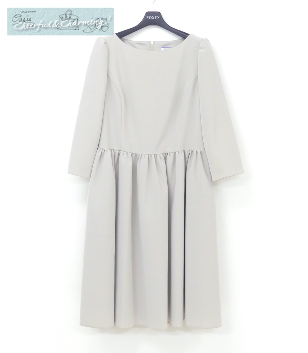 【目立った傷や汚れなし】FOXEY NEWYORK ドレス ウィンターワンダー 38 ベージュグレー マットストレッチグログラン#ロゴ ...