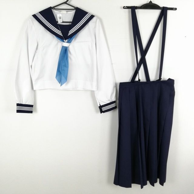 【傷や汚れあり】1円 セーラー服 スカート スカーフ 上下3点セット 大きいサイズ 冬物 白2本線 女子 学生服 中学 高校 紺 制服 中古 ...