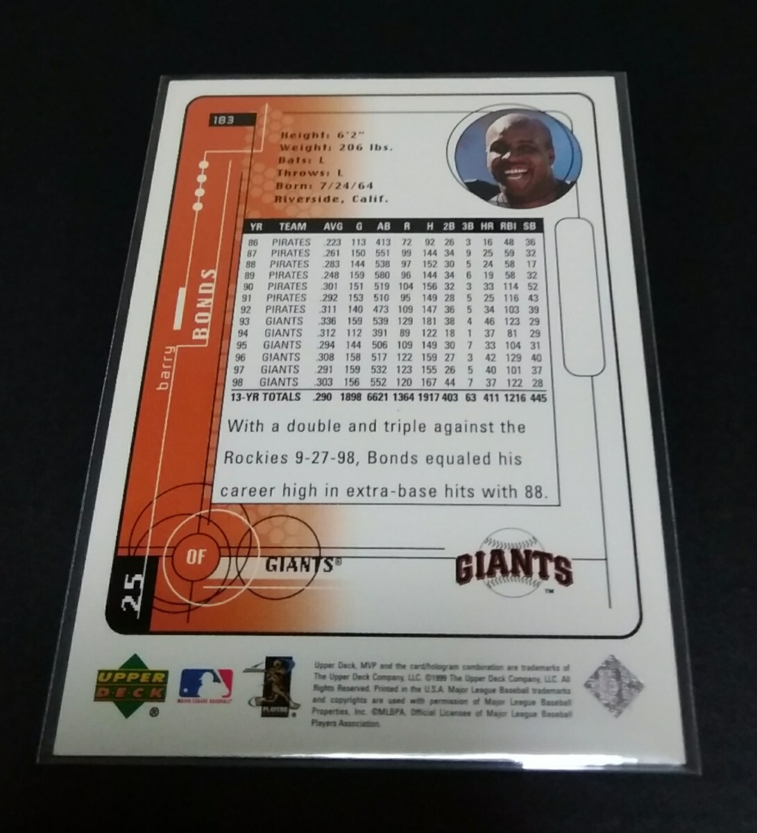 【目立った傷や汚れなし】MLB 1999年upper deck MVP バリー・ボンズ(ジャイアンツ) 銀箔サイン入り！Silver Script No,183。Giants BARRY ...