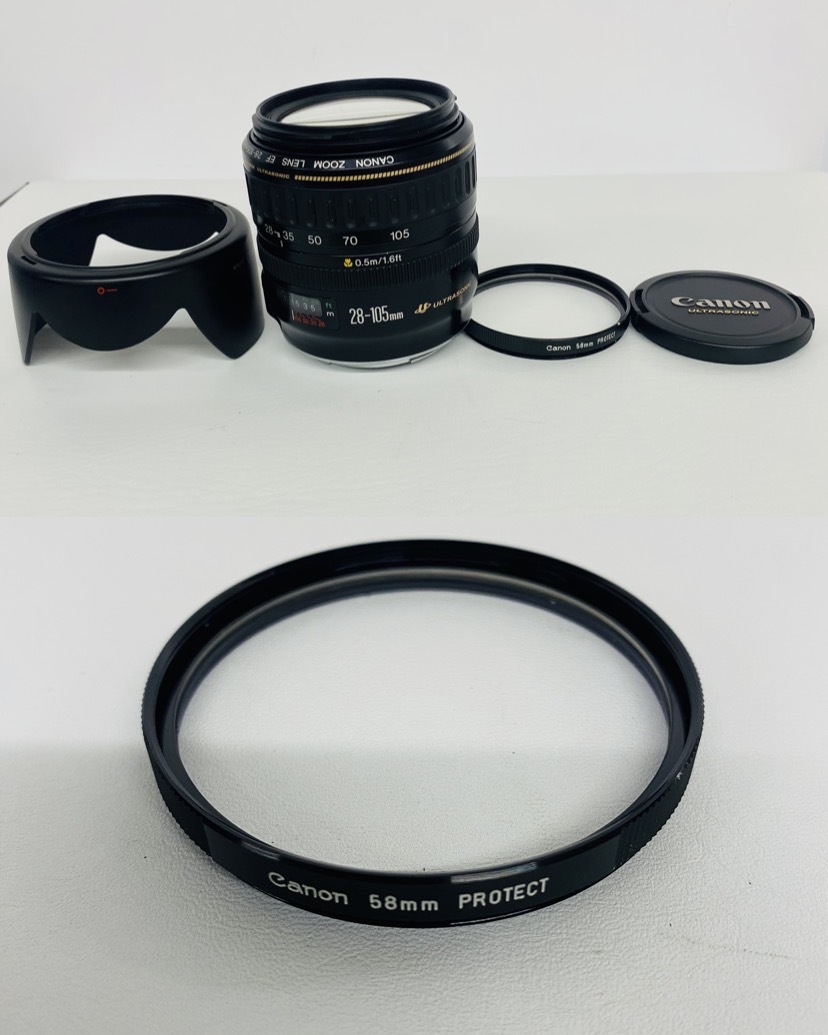 【やや傷や汚れあり】【★1円スタート】Canon キャノン EOS 55 CANON ZOOM LENS EF 28-105mm 1:3.5-4.5 PROTECT 58mm ケース付き 通電 ...