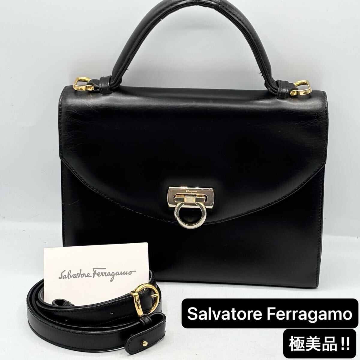 【未使用に近い】￥1～ Salvatore Ferragamo 極美品！Vintage 2WAY ガンチーニ ショルダー バッグ レザー 自立型 ブラック Italy 冠婚葬祭 フォーマルの ...