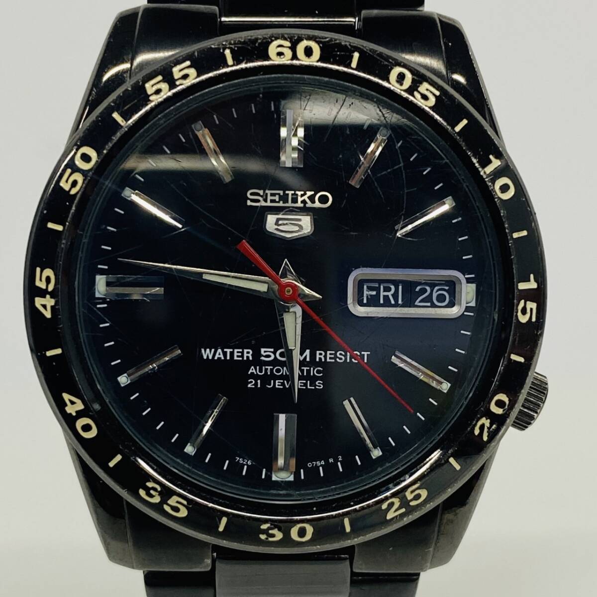 【やや傷や汚れあり】【1円~】稼働品 SEIKO セイコー 5 7s26-02t0 AUTOMATIC オートマチック 21JEWELS 3針 自動巻き デイデイト 腕時計 黒 ブラック ...
